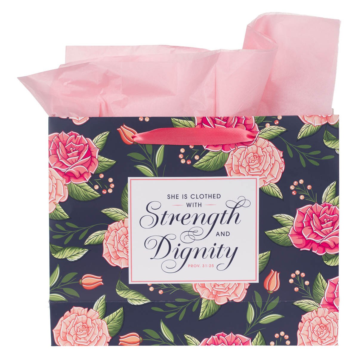 Strength and Dignity Pink Rose Large Landscape Gift Bag with Card Set ...