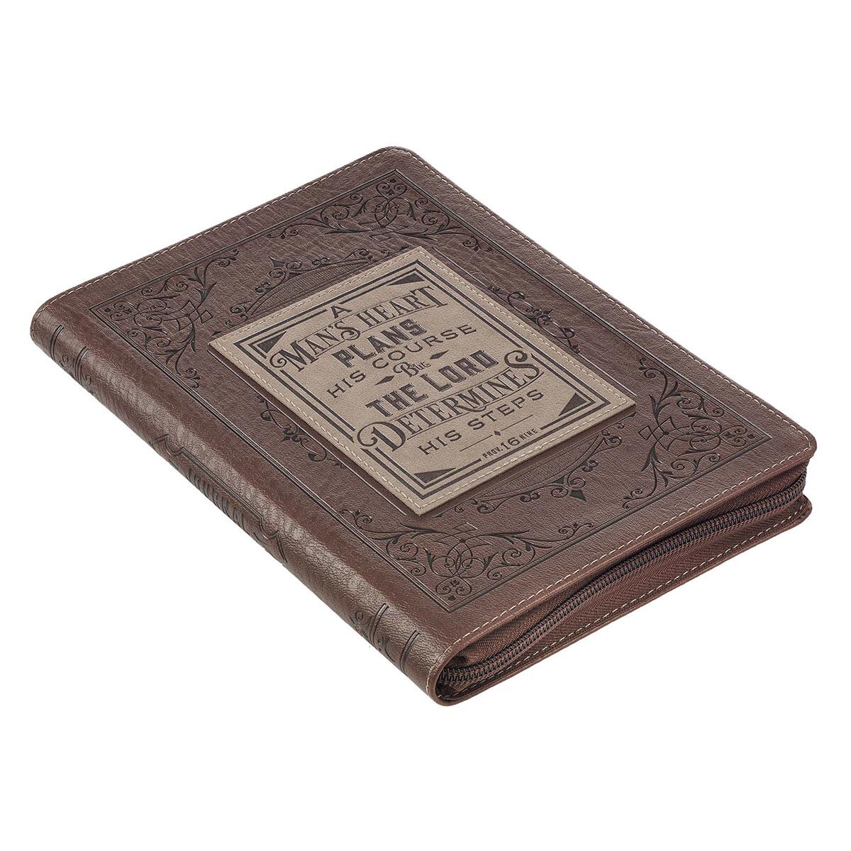 A Man's Heart Classic Faux Leather Zippered Journal in Brown - Proverbs ...