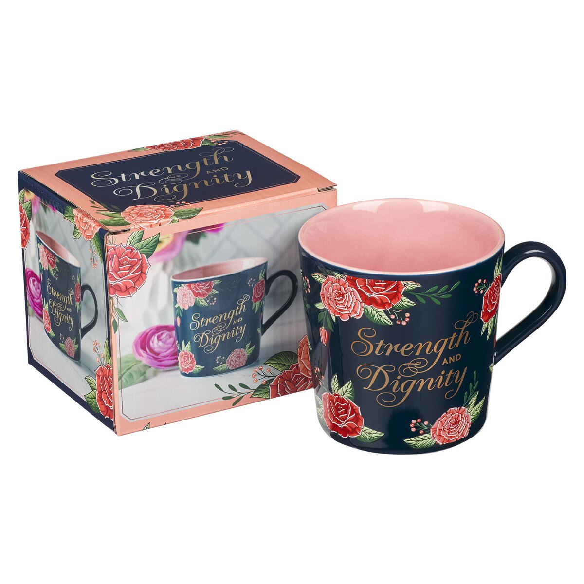 Strength and Dignity Pink Roses Ceramic Coffee Mug - Proverbs 31:25