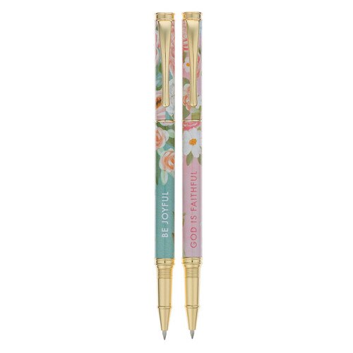 Joyful and Faithful Pink and Green Floral Pen Set